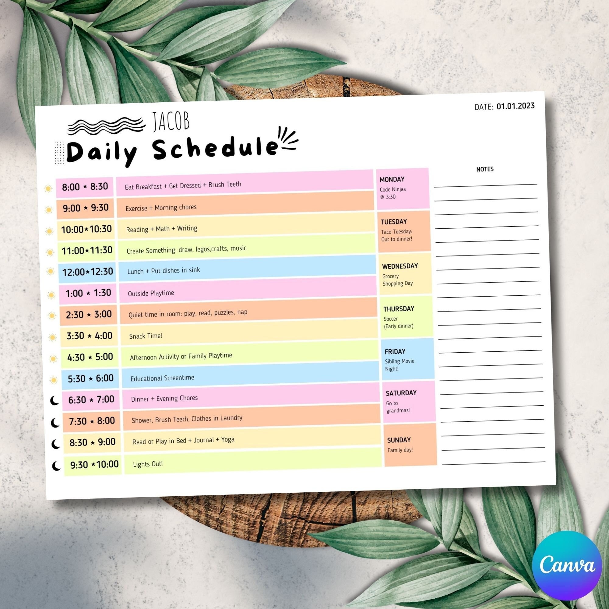 Editable Horizontal Daily Schedule Template, Daily Routine, Kids ...