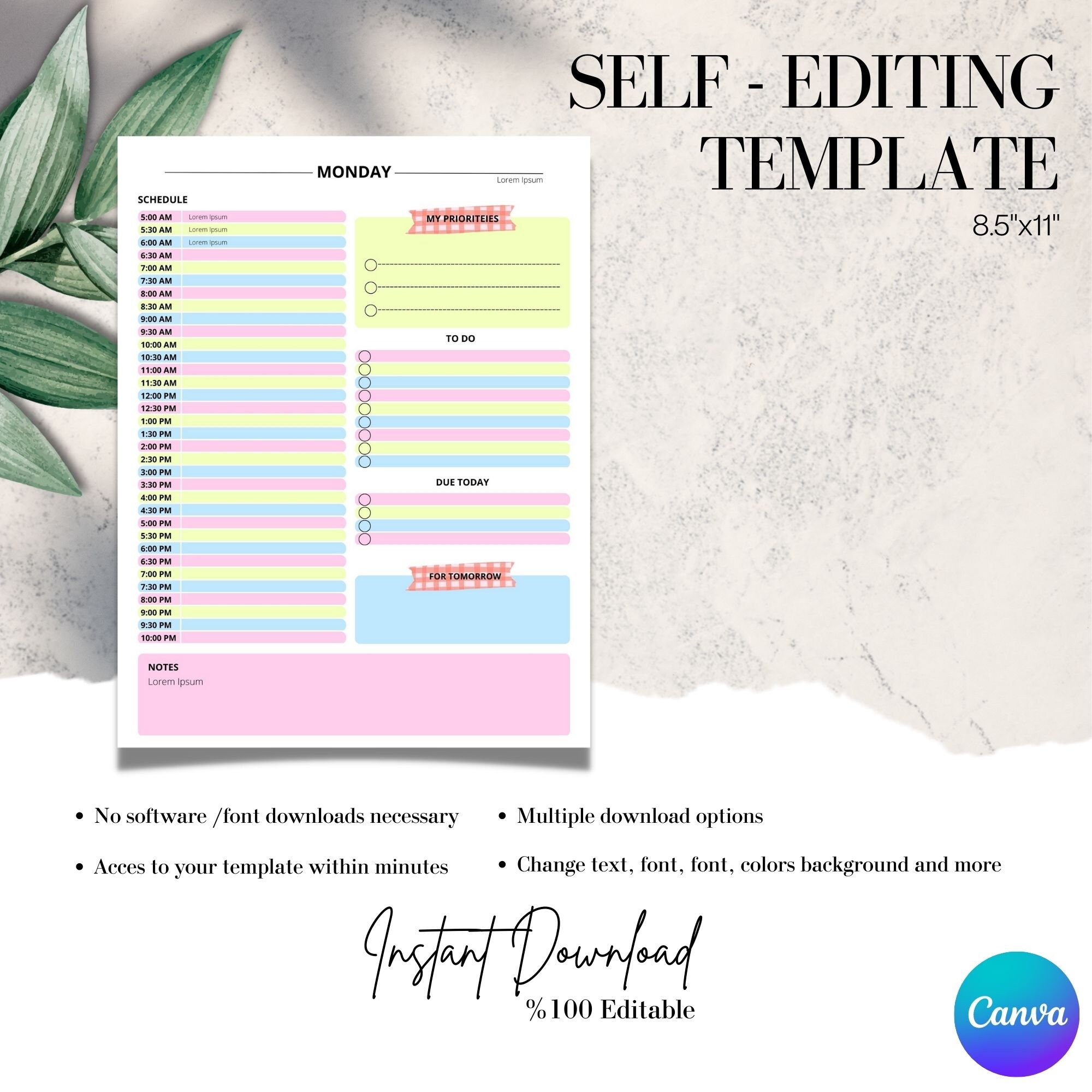 Editable Weekly Schedule Template, Printable Routine, Custom Daily ...