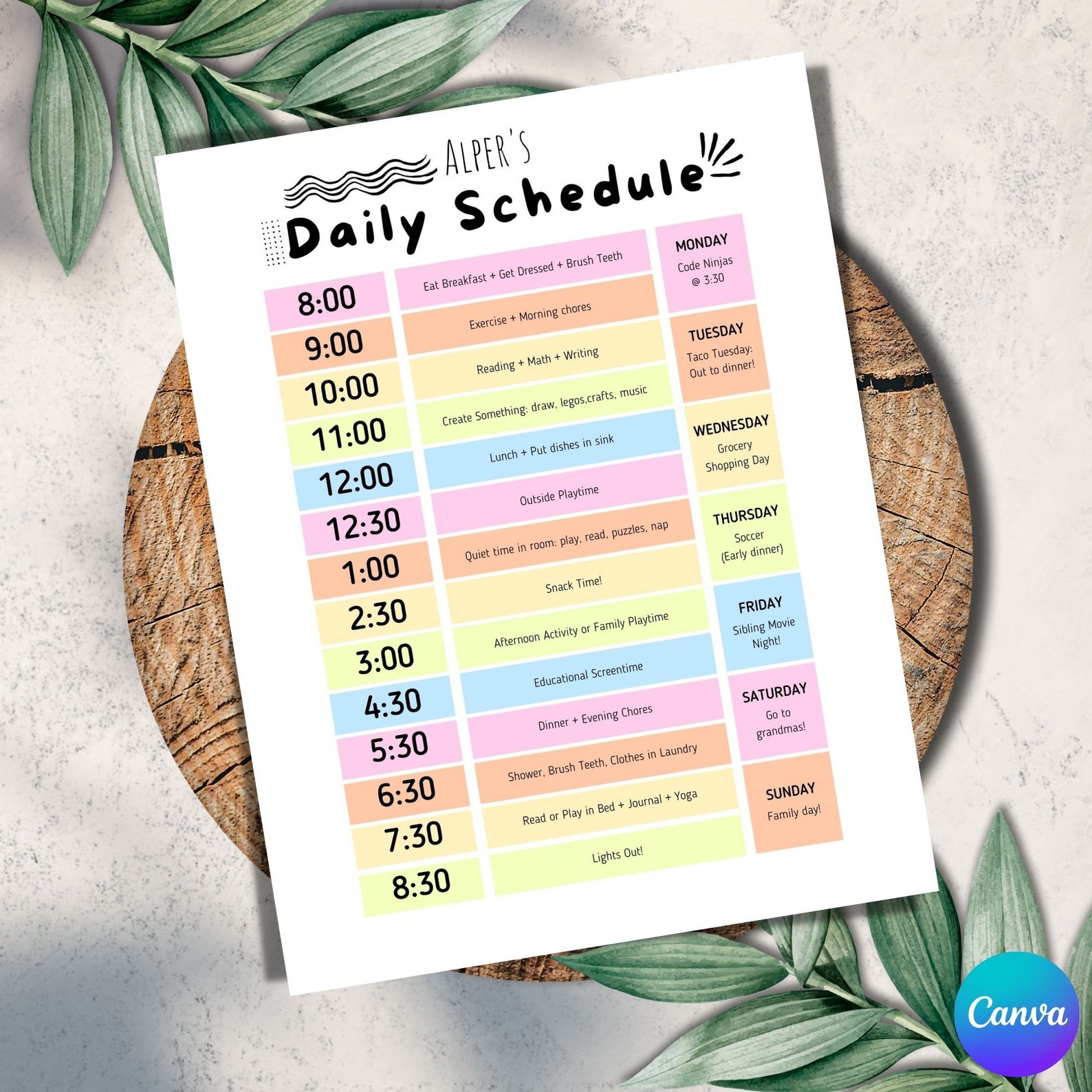 Editable daily schedule template for kids - sierrarolf
