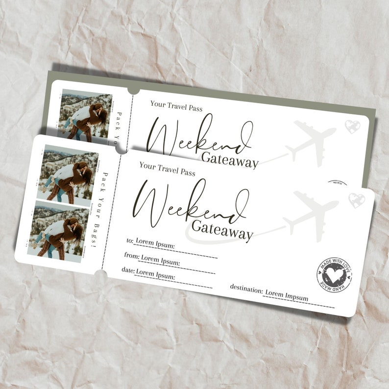 Weekend Getaway Voucher With Photo, Editable Travel Pass Ticket ...