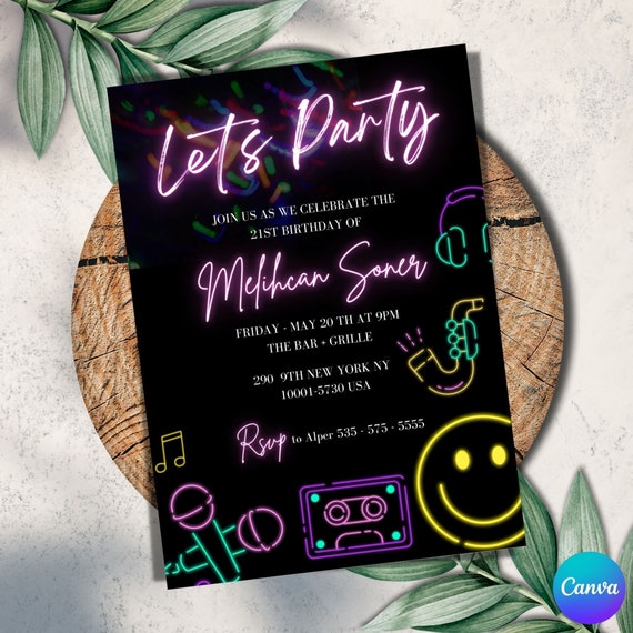 Neon Light Party Invitation Editable Birthday Invite - Etsy