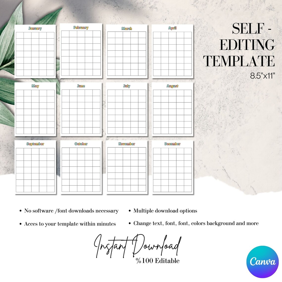 Editable Fillable Calendar Template, Printable 2023 Calendar, Custom ...