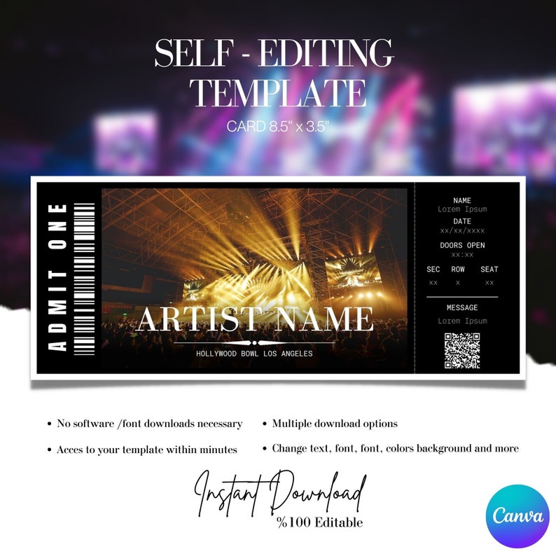Editable Concert Ticket Template, Editable Concert Ticket, Printable ...
