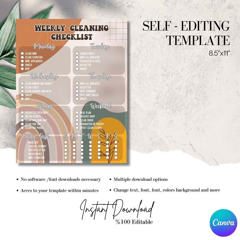 Boho Weekly Cleaning Checklist: Editable, Printable (PDF) - Etsy