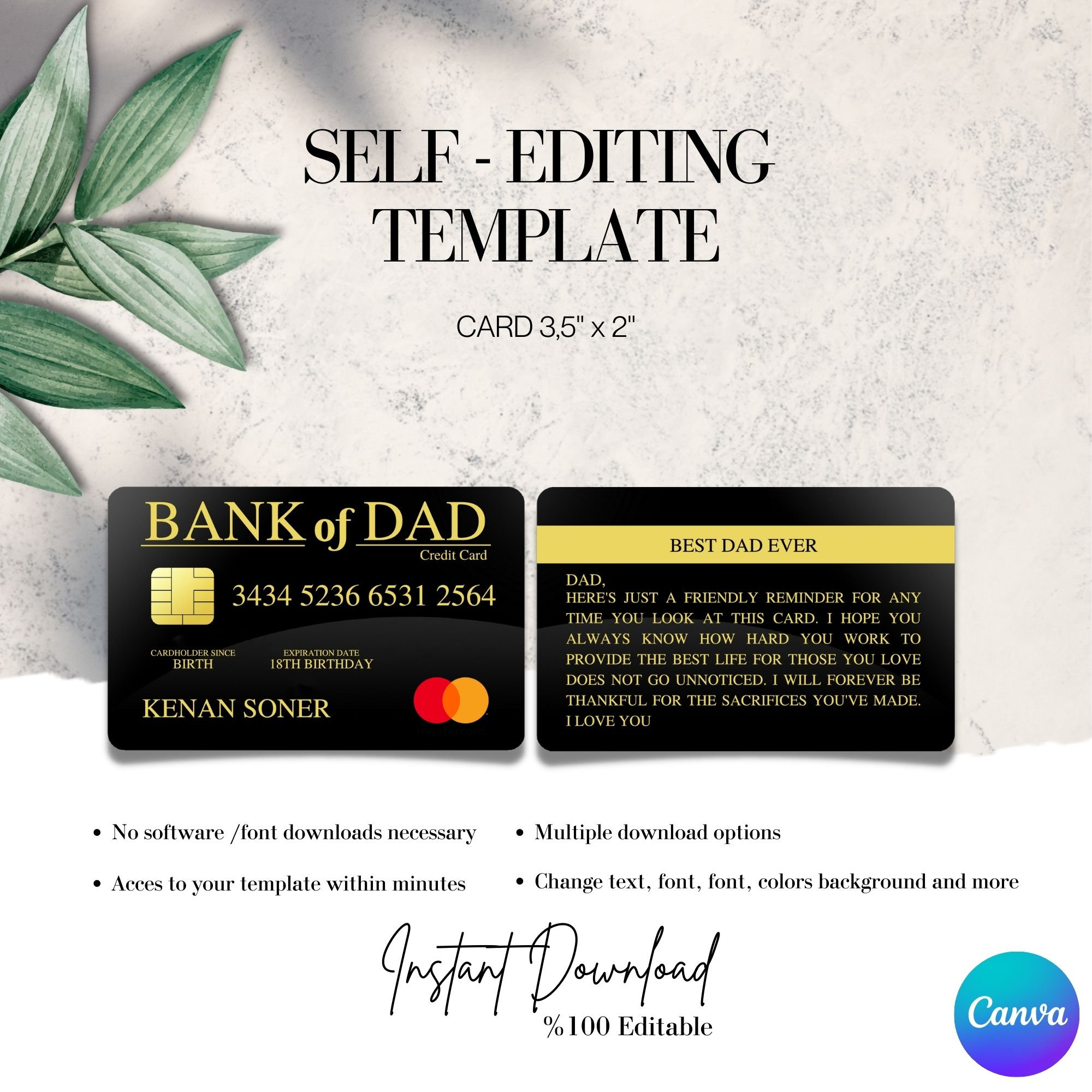 Credit Card Template, Bank of Dad, Personalized Wallet Card, Editable ...