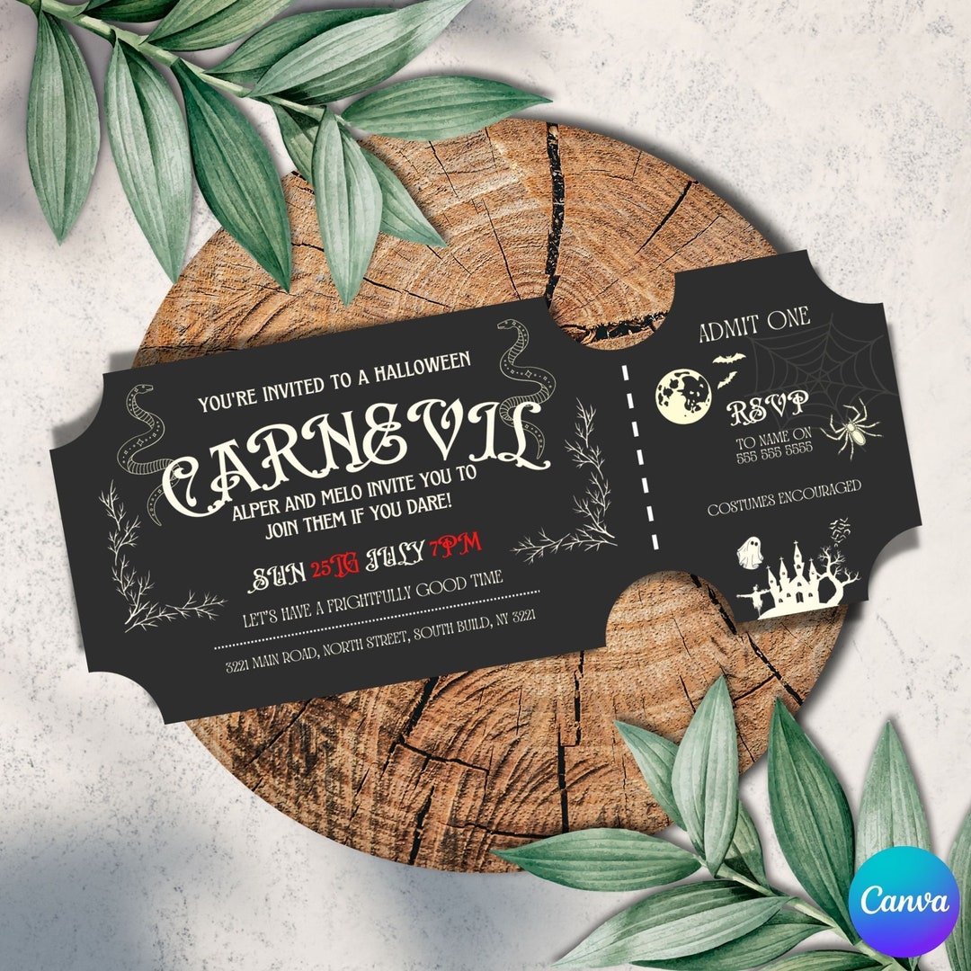 Editable Carnevil Halloween Invitations, Halloween Carnival Ticket ...