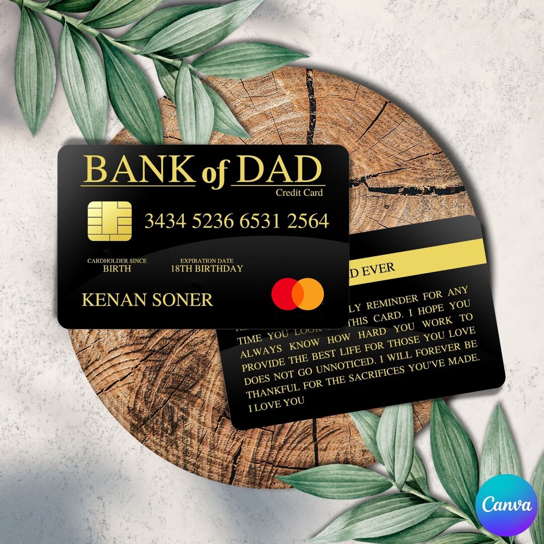 Credit Card Template, Bank of Dad, Personalized Wallet Card, Editable ...