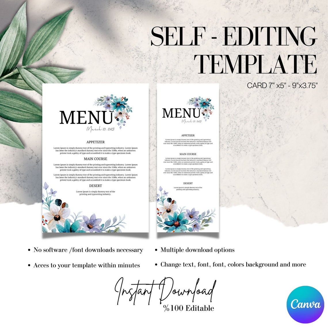 Editable Wedding Menu Template, Printable Blue Flower Wedding Menu ...