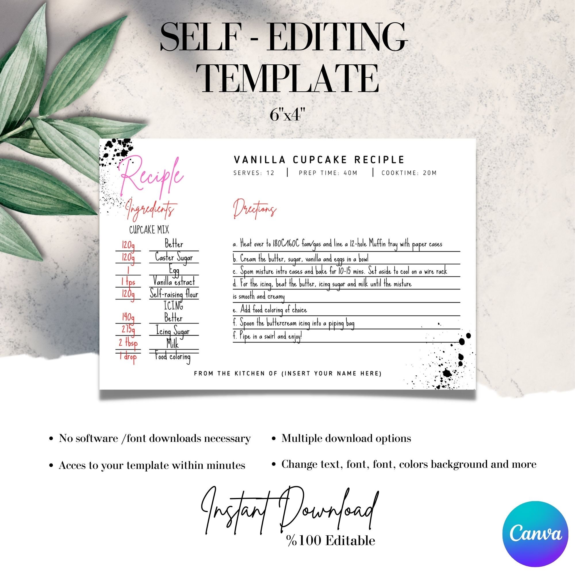 Editable Recipe Card, Recipe Card Template, Printable Recipe Box ...