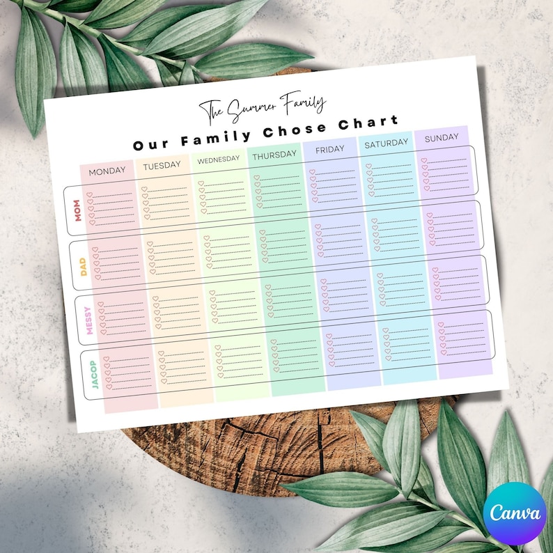 Editable Colorful Family Chore Chart, Printable Weekly Family Schedule ...