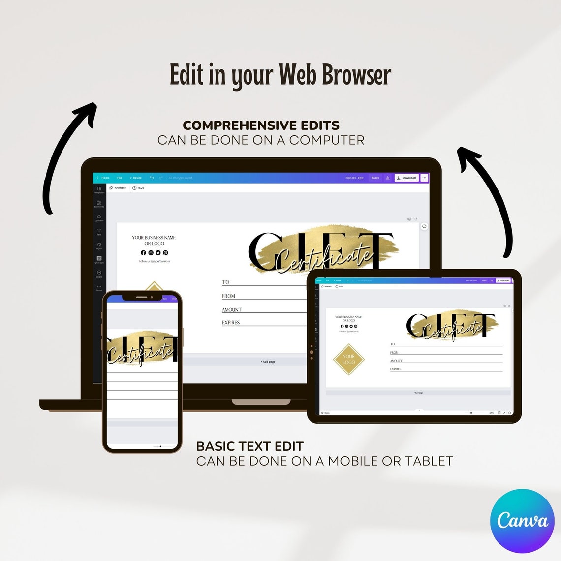 Gold Gift Certificate Template, Editable Gift Card, Add Your Logo ...