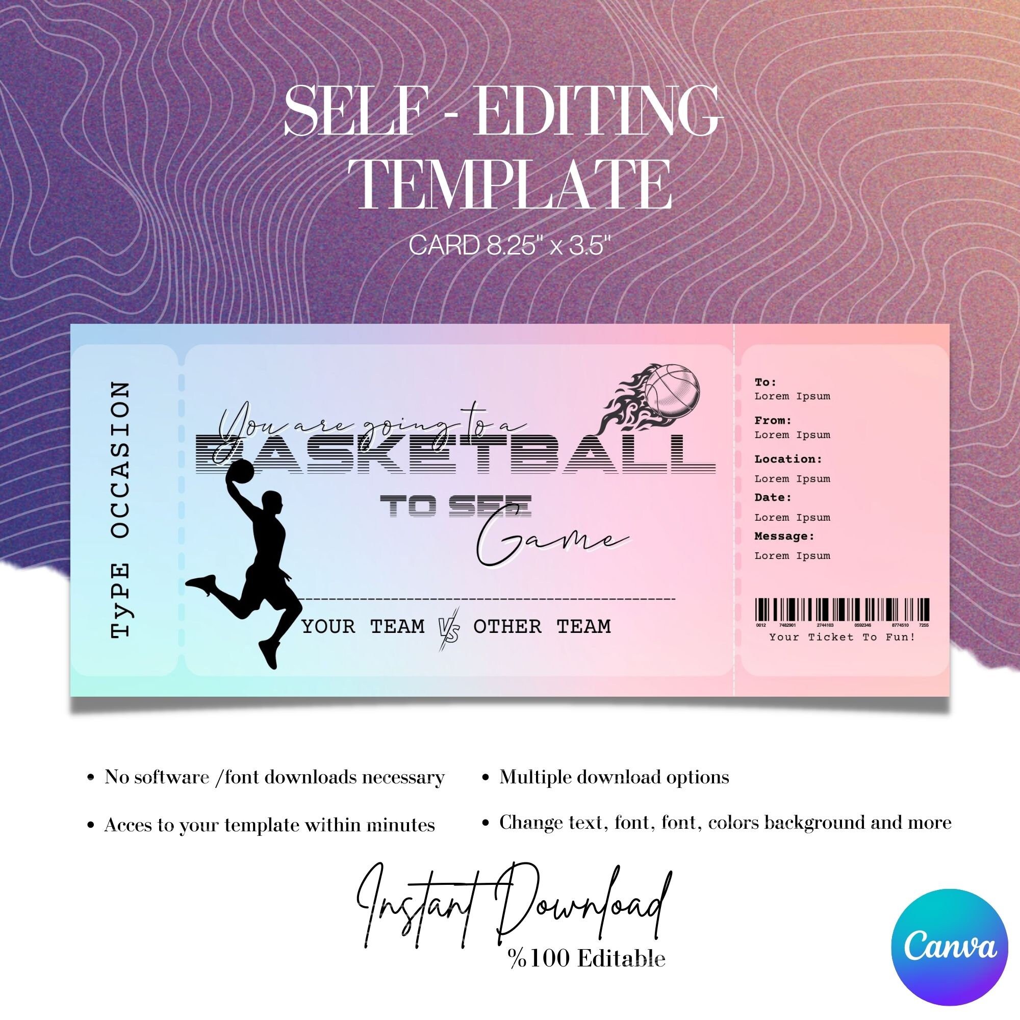 Editable Basketball Ticket Voucher Gift, Basketball Ticket Gift ...