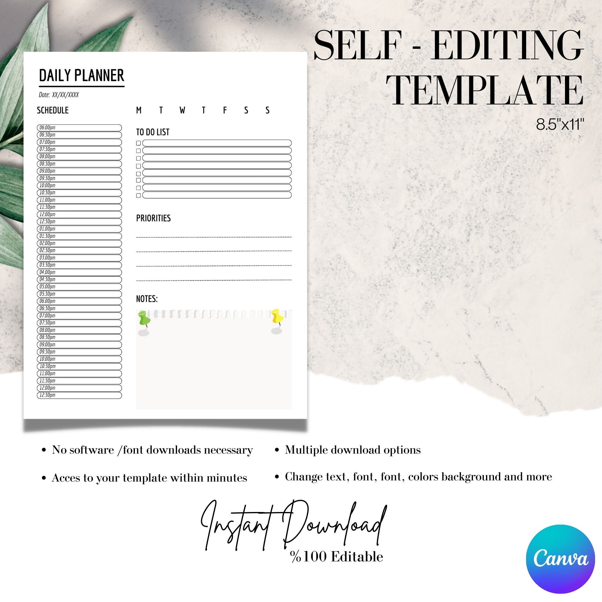 Editable Daily Planner, Printable Schedule Routine, Custom Haf-hour ...