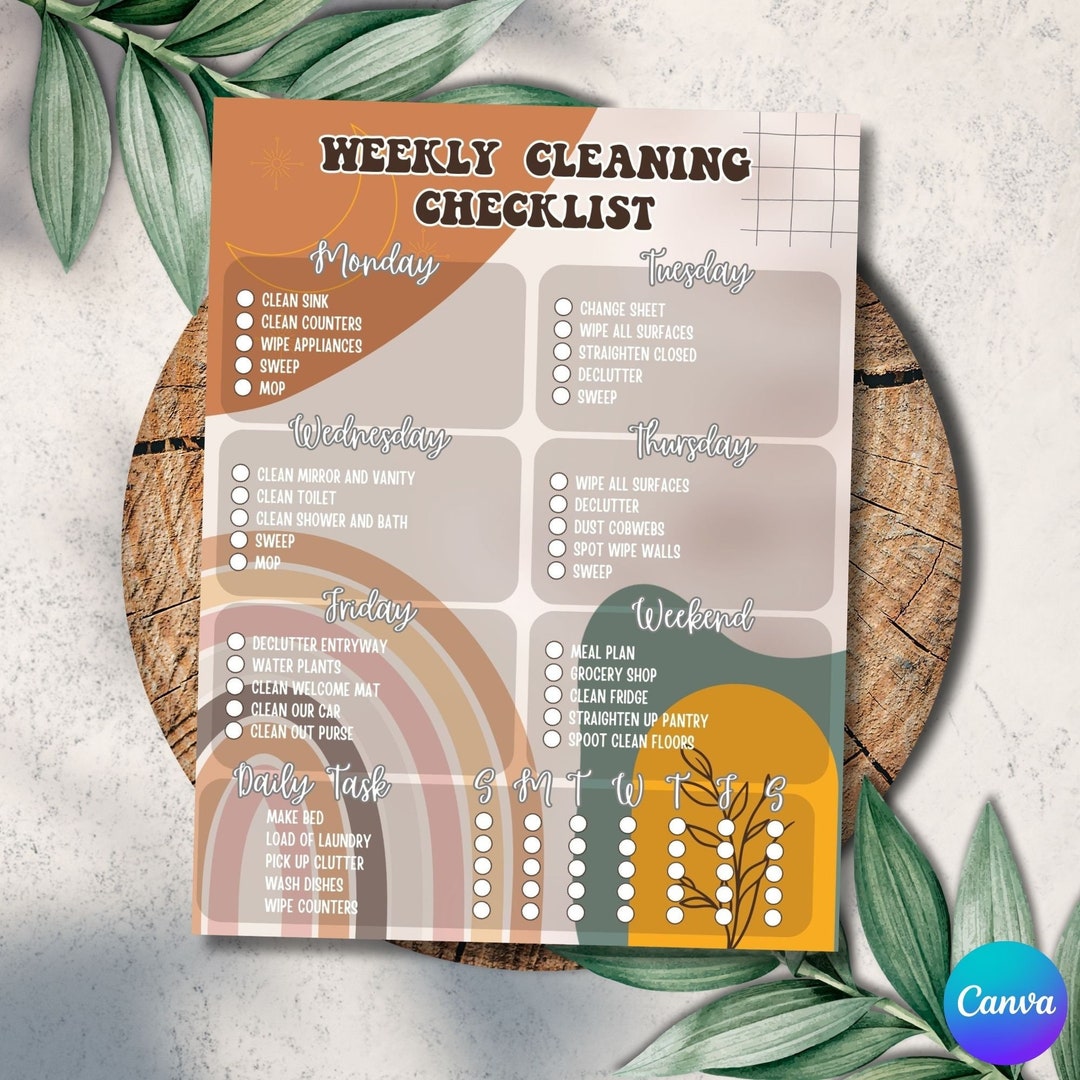 Editable Boho Weekly Cleaning Checklist, Printable Boho Daily Cleaning ...