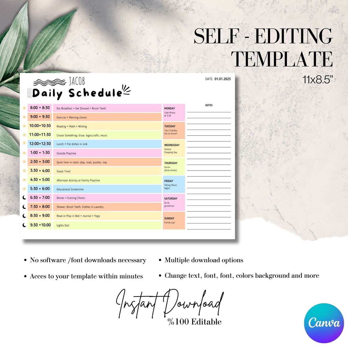 Editable Horizontal Daily Schedule Template, Daily Routine, Kids ...