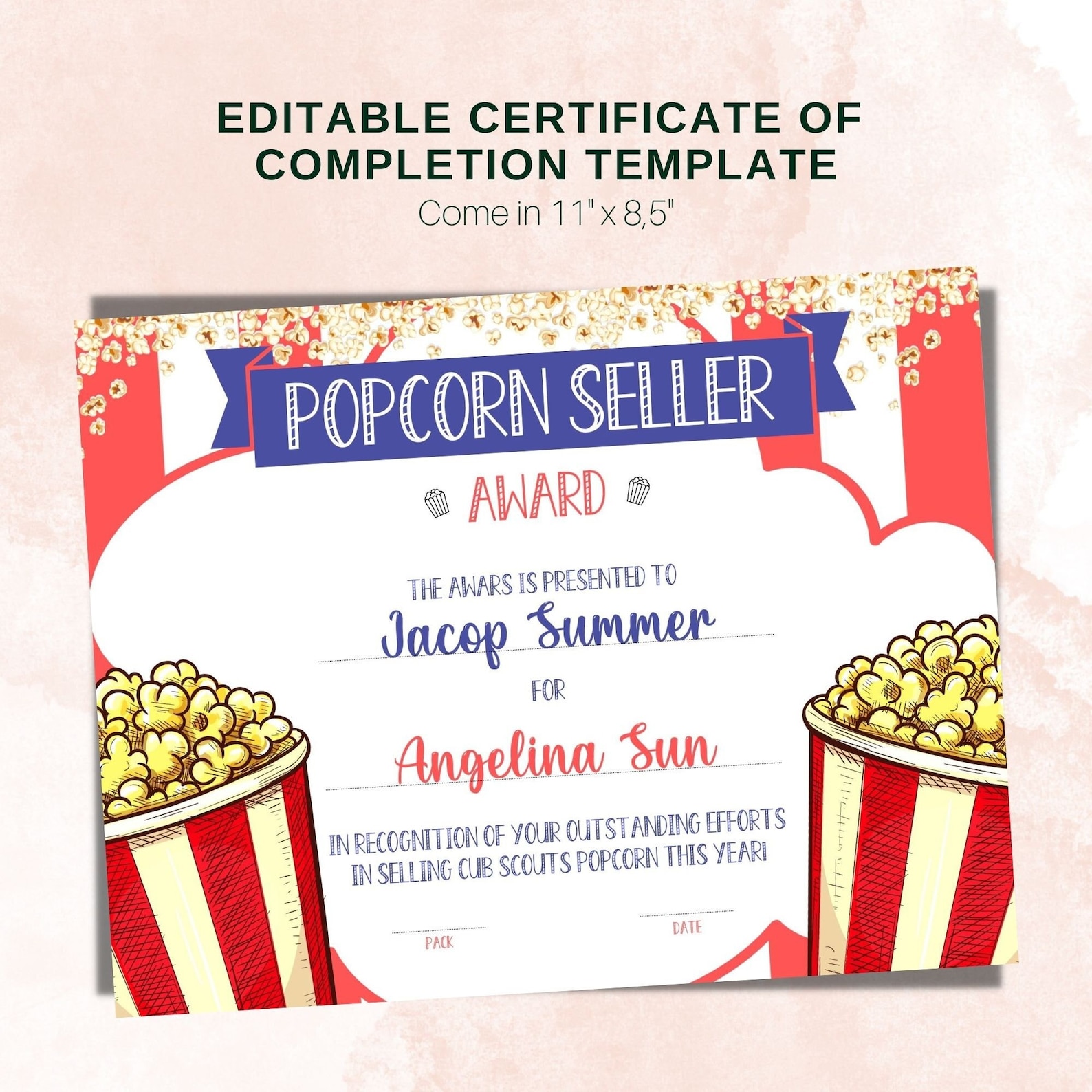 Editable School Popcorn Sales Award Certificate, Cub Scout Popcorn ...