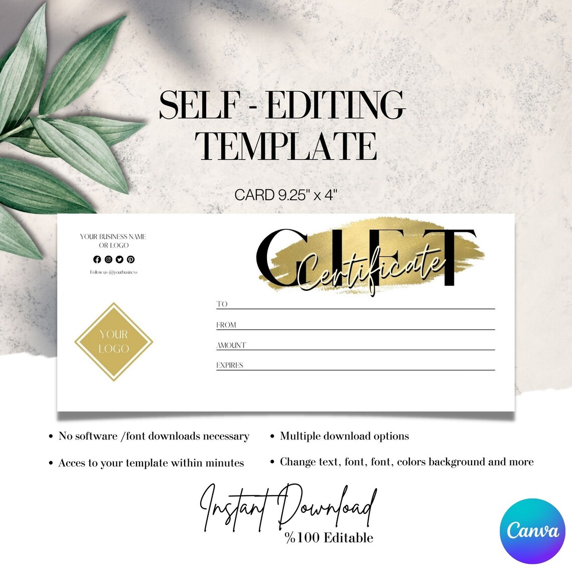 Gold Gift Certificate Template, Editable Gift Card, Add Your Logo ...