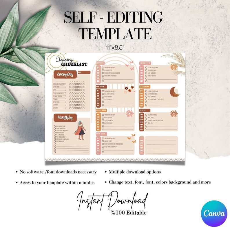 Cleaning Schedule Template, Editable Boho Cleaning Schedule, Modern ...