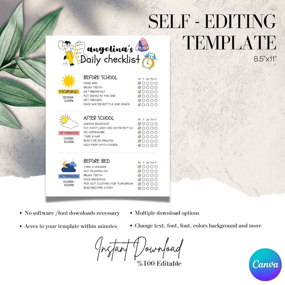 Editable Daily School Checklist for Kids Printable Task - Etsy