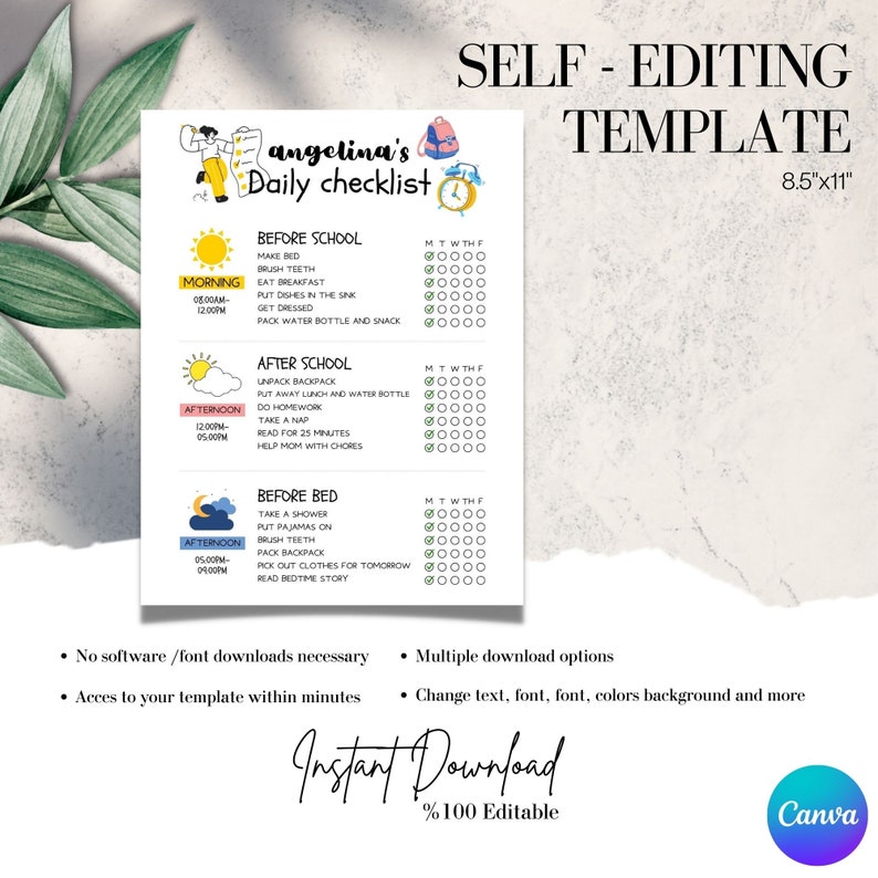 Editable Daily School Checklist for Kids, Printable Task Chart, Daily ...