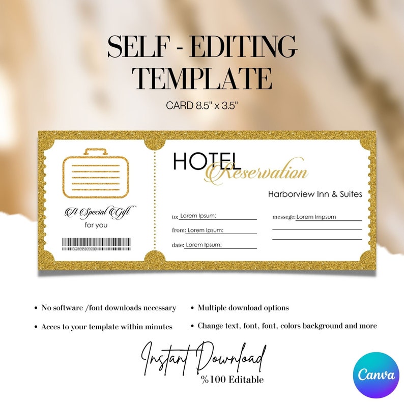 Editable Gold Hotel Reservation Voucher, Custom Travel Ticket ...