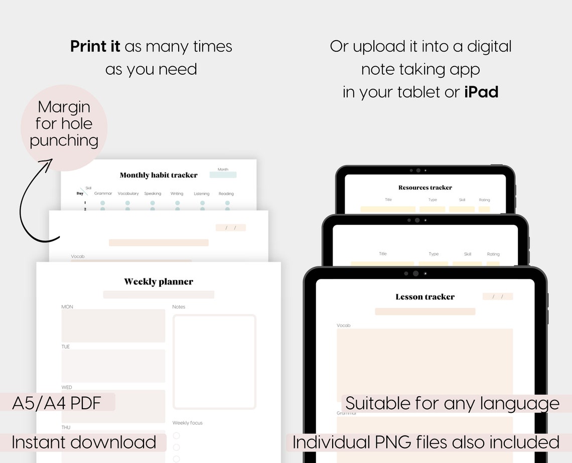 Language Study Planner PDF Printable Notebook Tracker | Etsy
