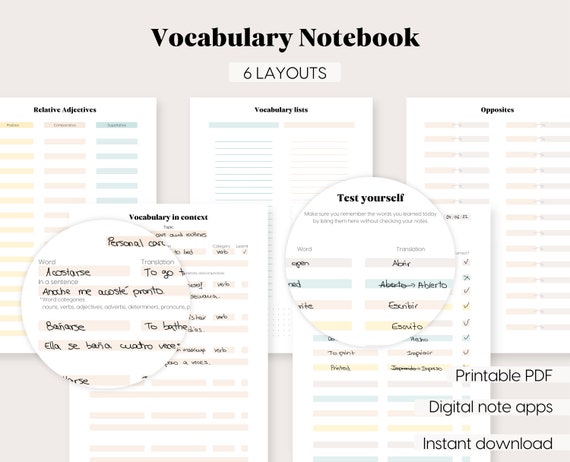 Vocabulary Notebook Language Learning Printables PDF - Etsy