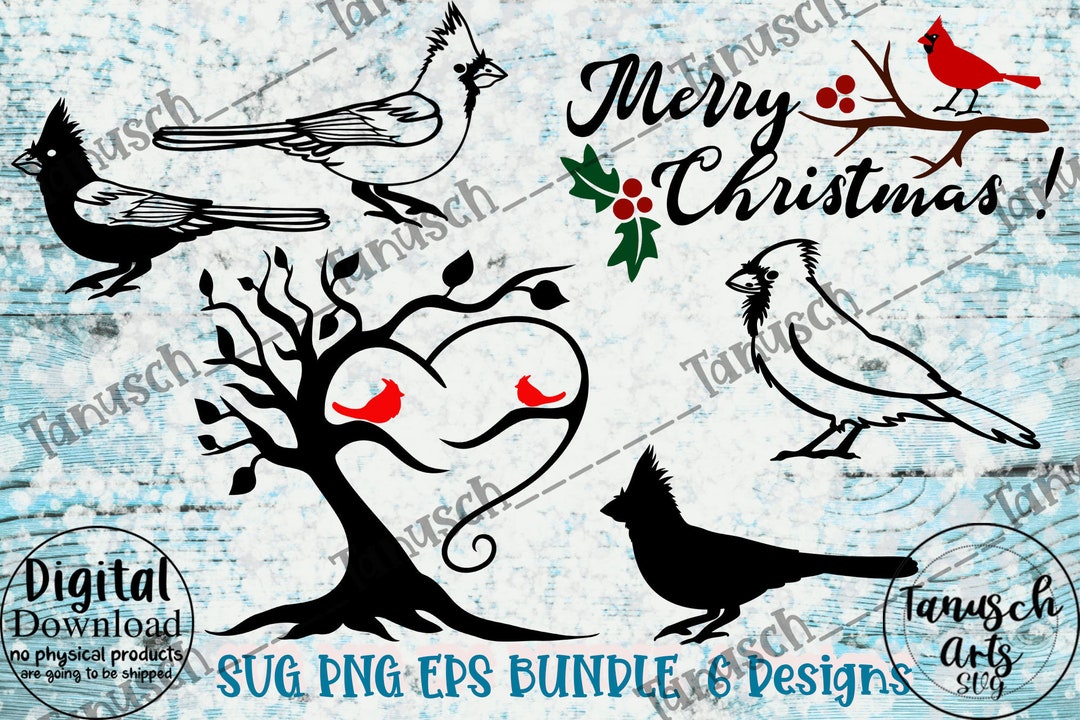 Cardinal Bird SVG Bundle on Tree Merry Christmas 6 Designs Cut Files ...