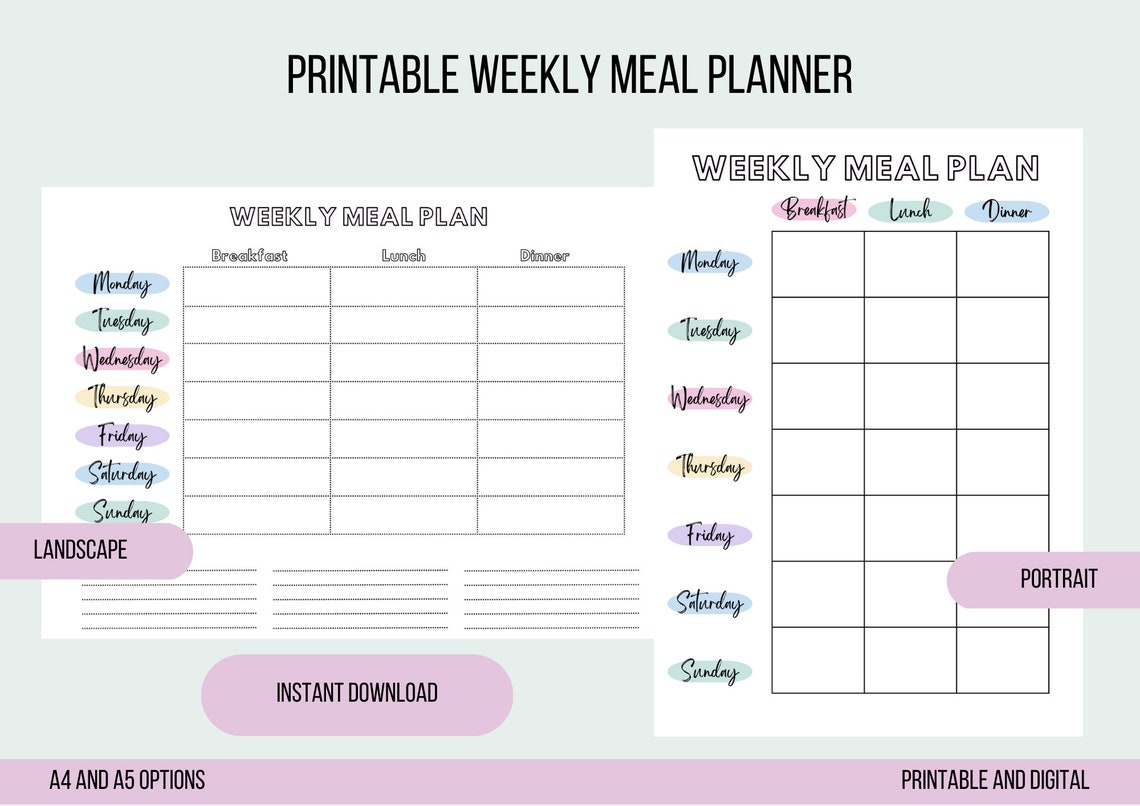 Pastel Weekly Meal Planner Printable | Digital PDF Pastel Weekly Meal ...