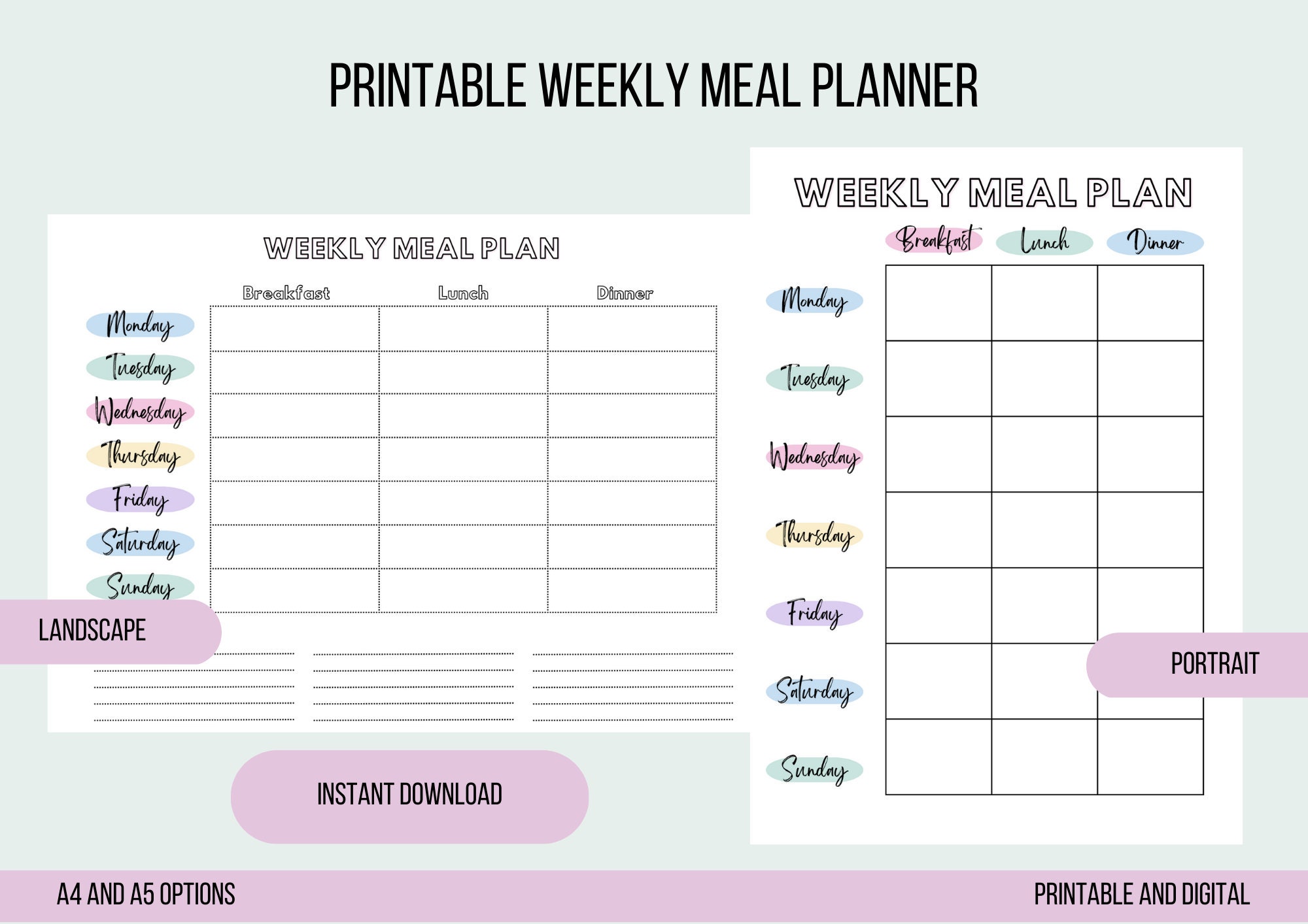 Pastel Weekly Meal Planner Printable | Digital PDF Pastel Weekly Meal ...