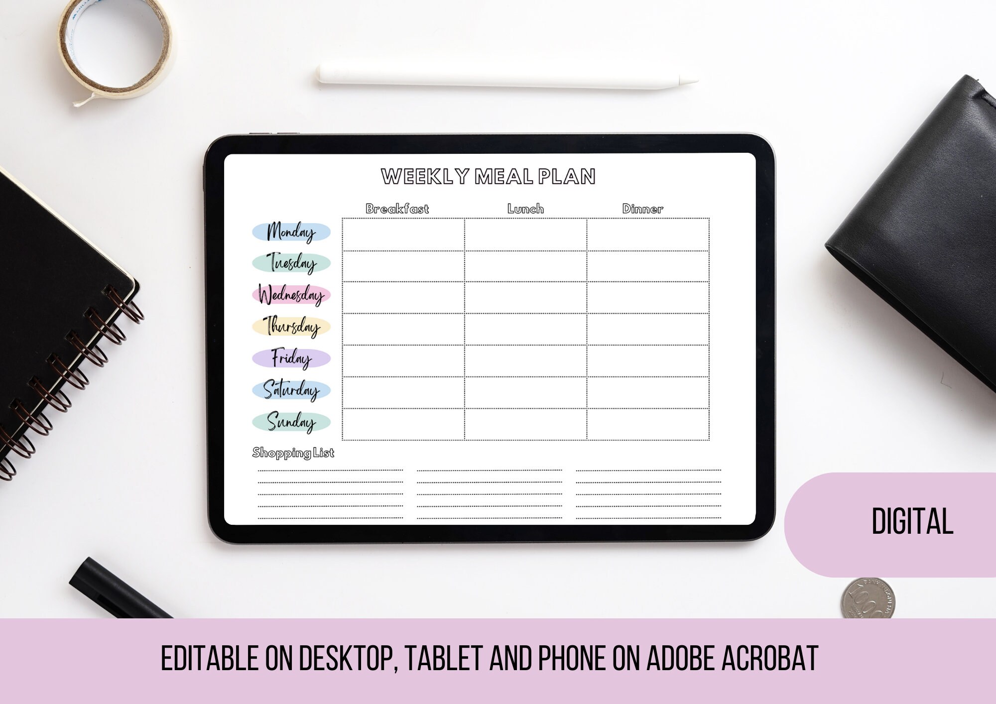 Pastel Weekly Meal Planner Printable | Digital PDF Pastel Weekly Meal ...