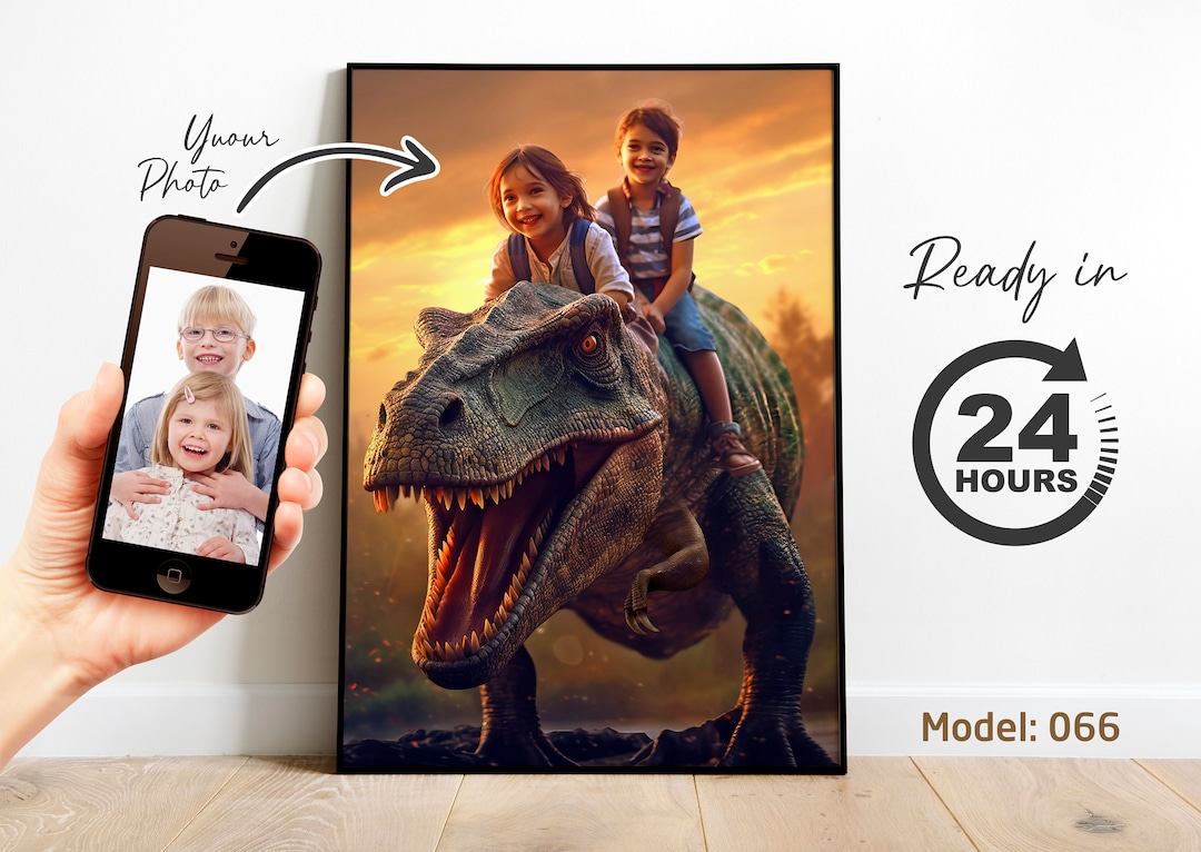 Personalized T-rex Dinosaur Ride Art With Two Kids – Custom Jurassic ...
