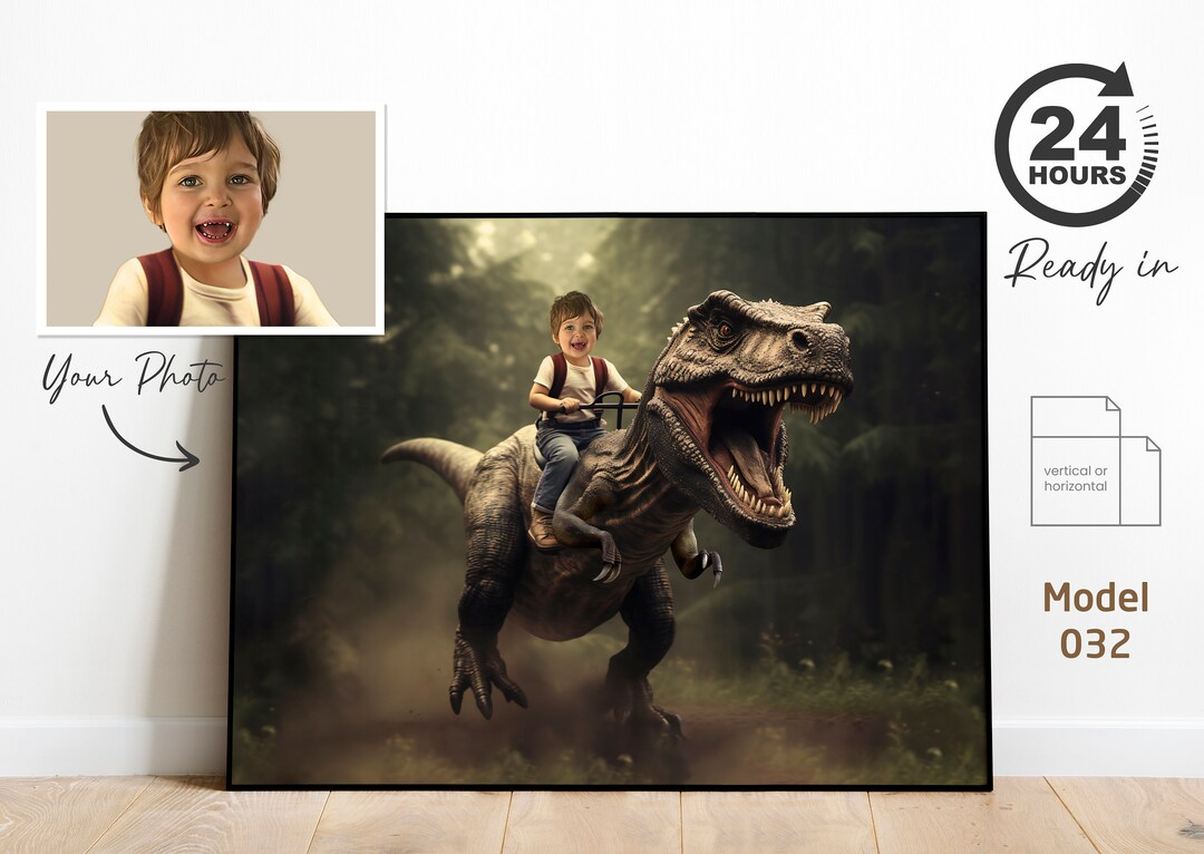 Personalized Child Riding T-rex Jurassic Dinosaur Art, Custom Portrait ...