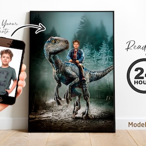 Personalized Child Riding Velociraptor Jurassic Dinosaur Art, Custom ...