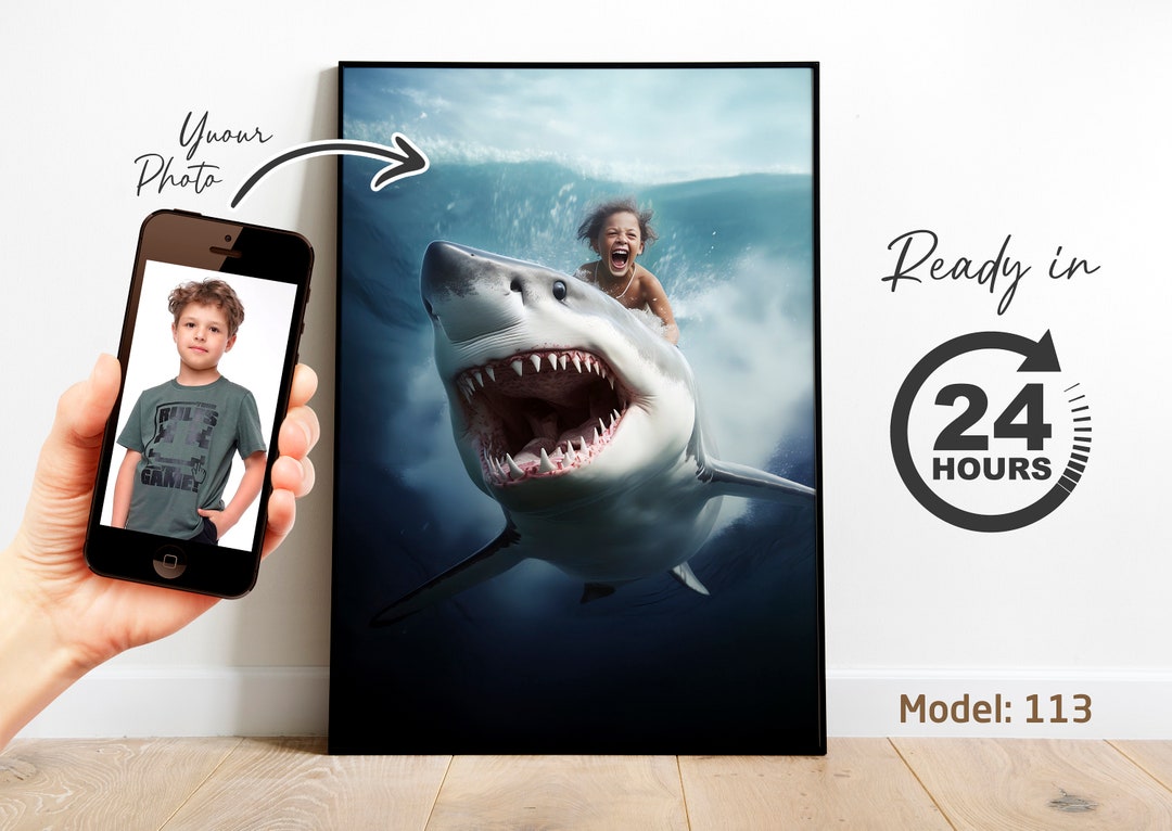 Boy Riding Shark, Megalodon Art, Custom Portrait, From Photo, Shark ...