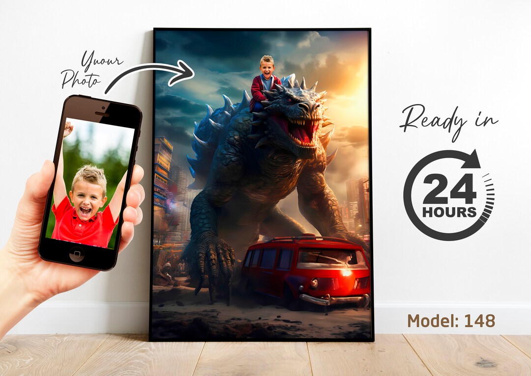 Kid Rides Godzilla, Godzilla Art, Custom Portrait From Photo, Godzilla ...