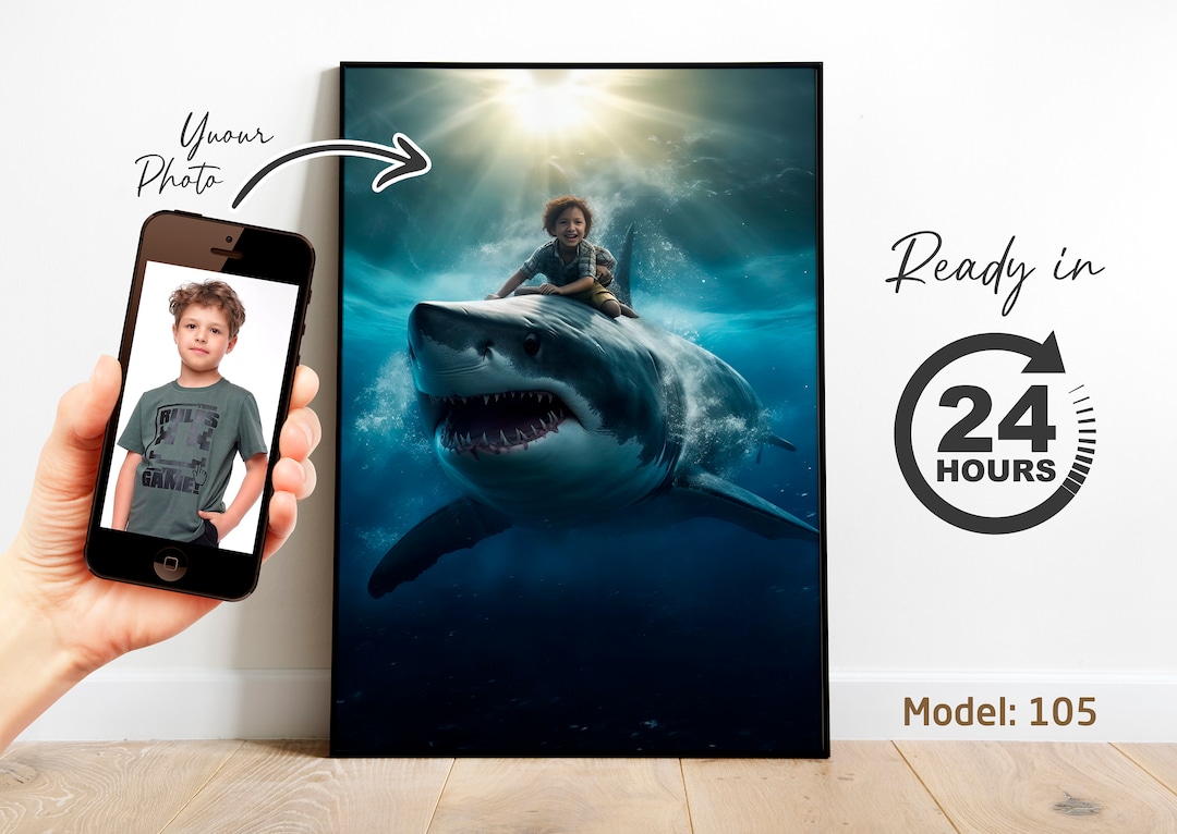 Personalized Shark Portrait | Child Riding Megalodon | Custom Artwork ...