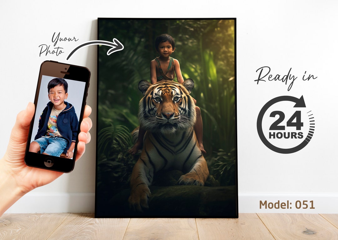 Personalized Child Riding Tiger of the Bengal Art, Custom Portrait From ...