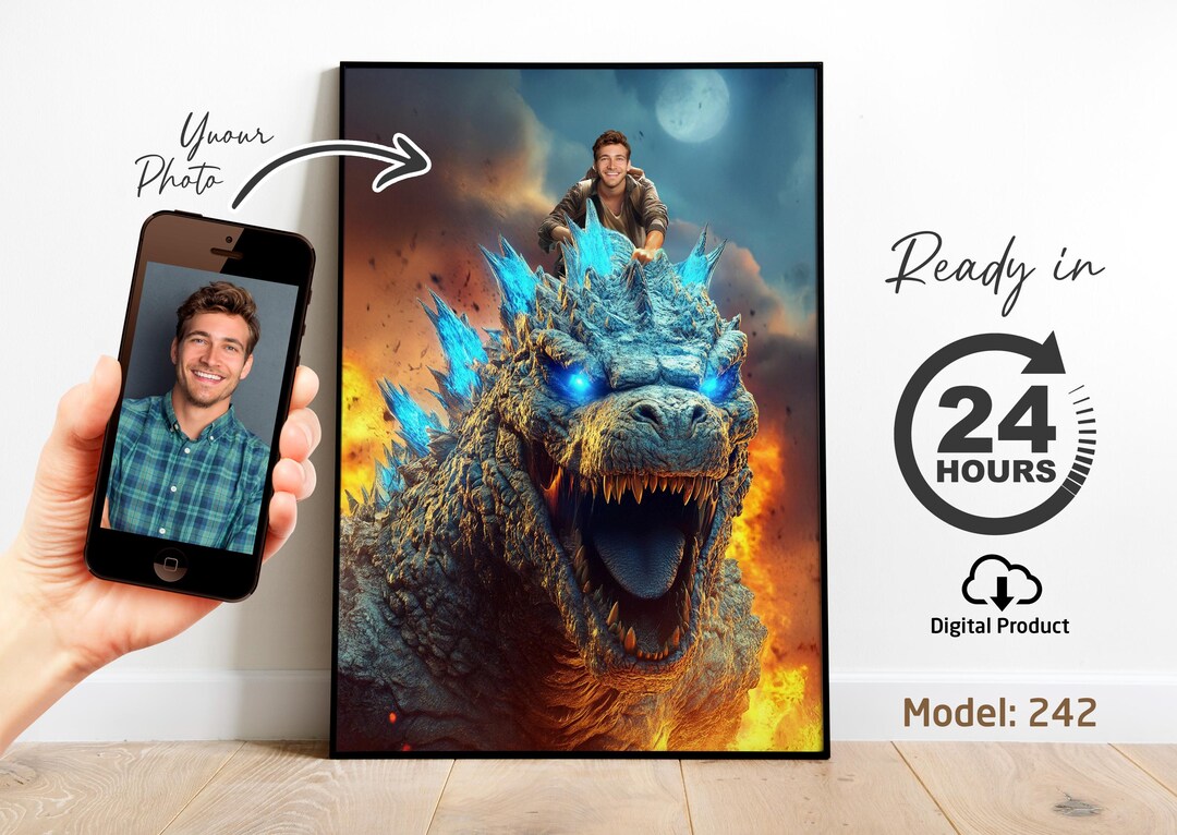 Personalized Godzilla Riding Man Portrait, Godzilla Personalized Gift ...