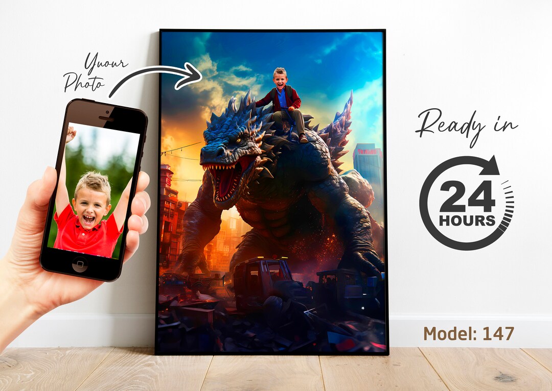 Kid Rides Godzilla, Godzilla Art, Custom Portrait From Photo, Godzilla ...