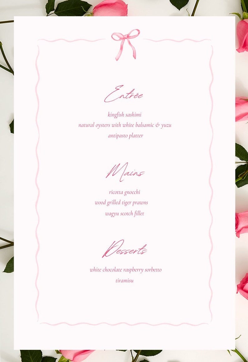 Pink Coquette Bow Themed Menu Printable, Editable, Valentine's Day ...