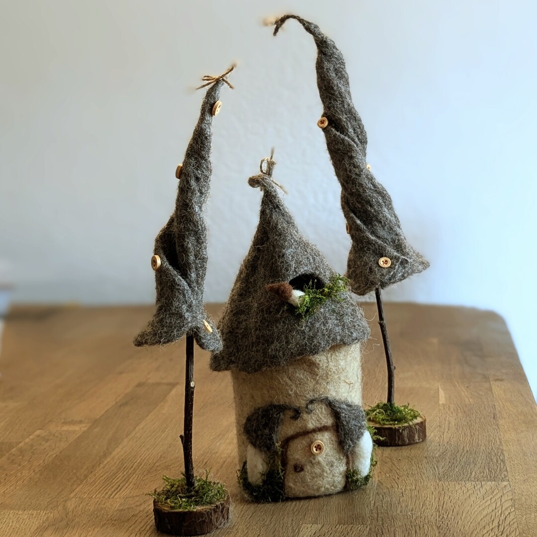 Felt Lamp Neutral, Felted House, Lamp Felted With Mushrooms and Wooden ...
