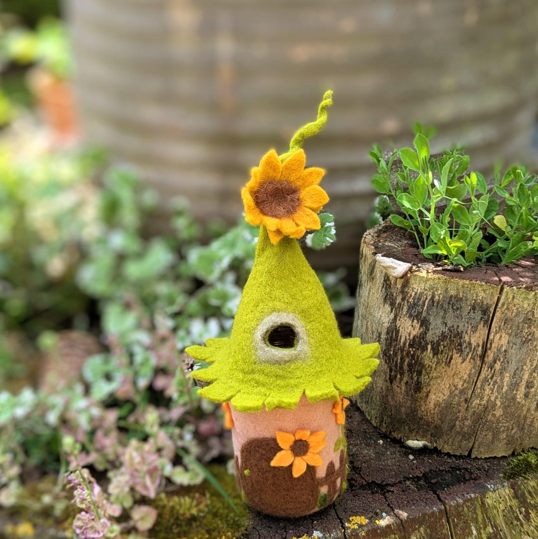 Felt Dwarf House With Sunflowers, Handmade Wet Felt Lamp, Fairy House ...