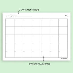 Undated Monthly Planner, Printable Empty Calendar, Blank Organiser ...
