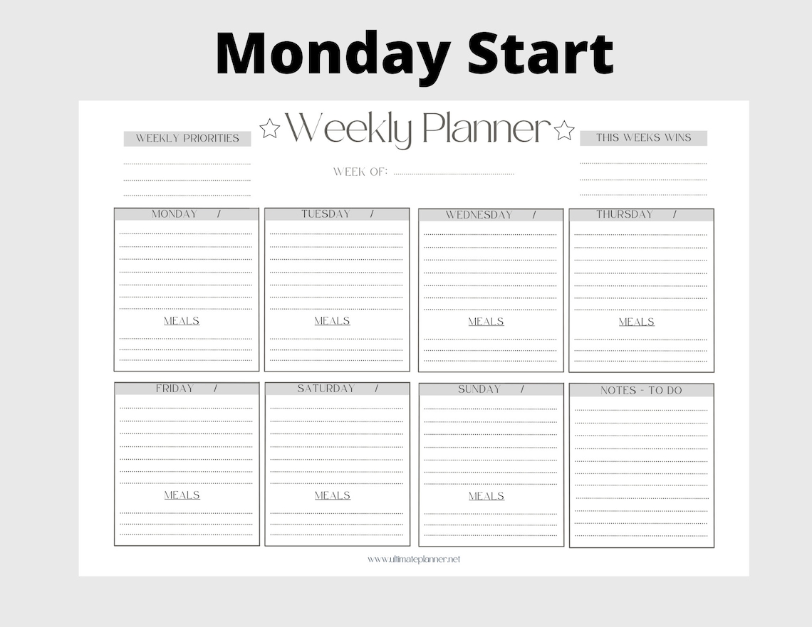 Weekly Planner Printable Template – Sunday or Monday Start – Landscape ...