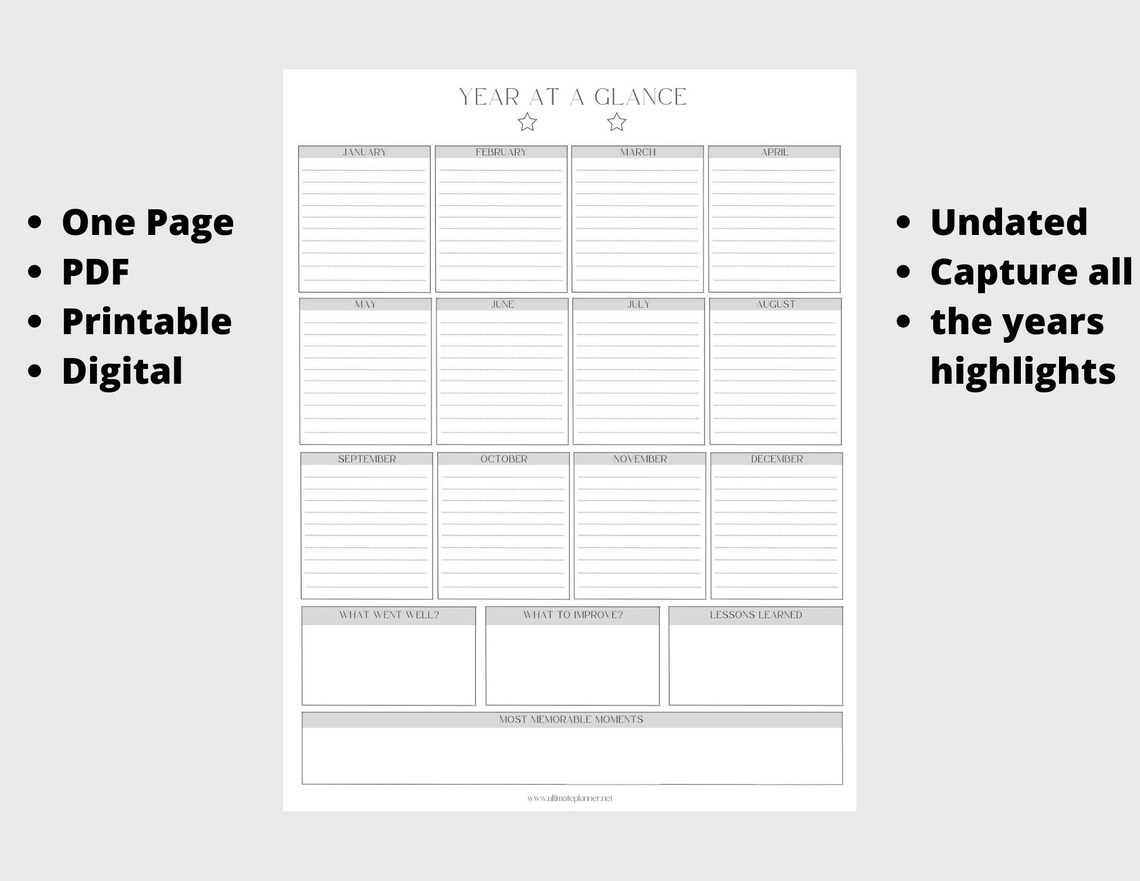 Year at a Glance, Year in Review, Digital, PDF, Printable, Annual ...