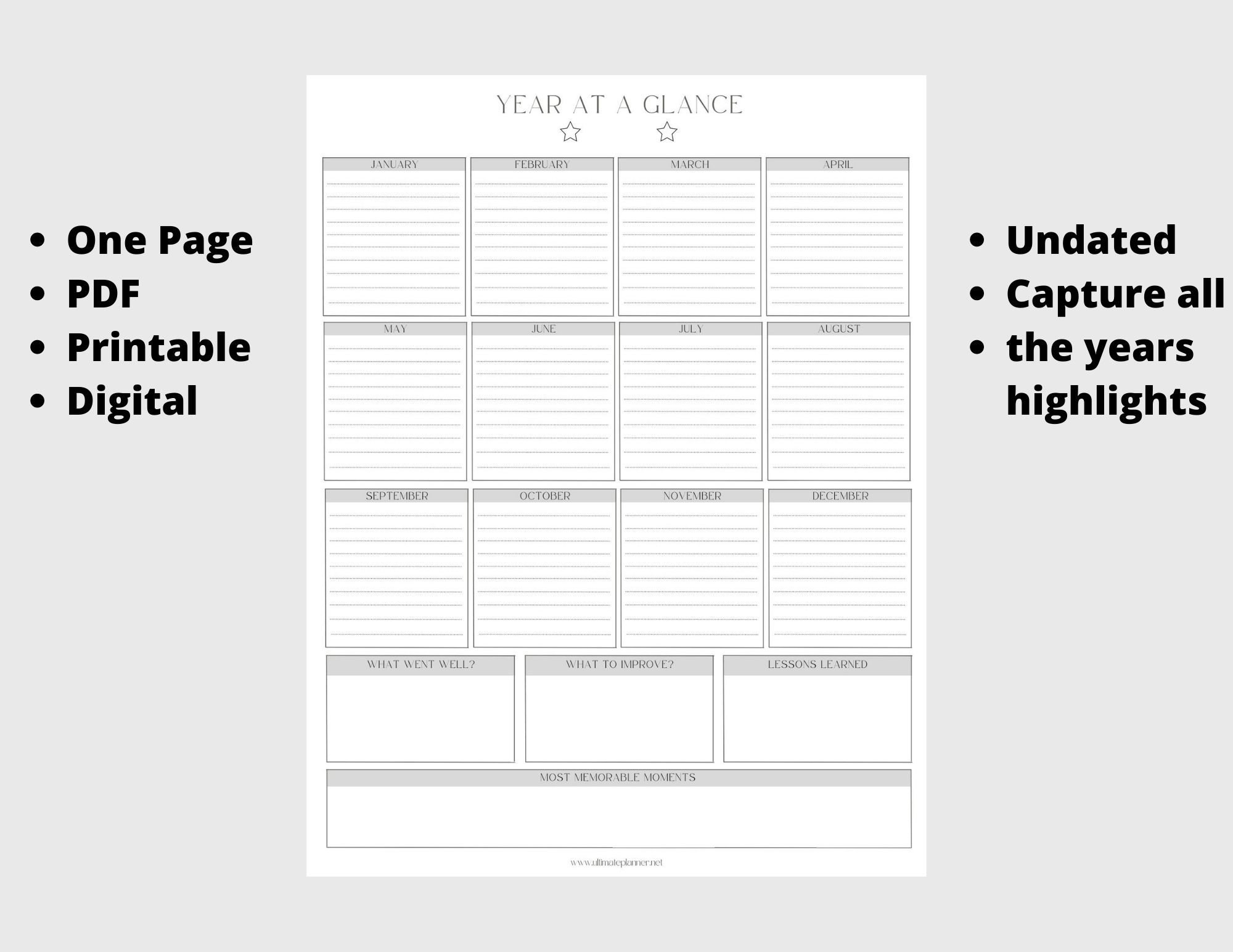 Year at a Glance, Year in Review, Digital, PDF, Printable, Annual ...