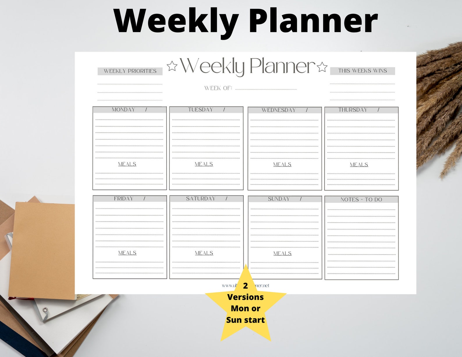 Weekly Planner Printable Template – Sunday or Monday Start – Landscape ...