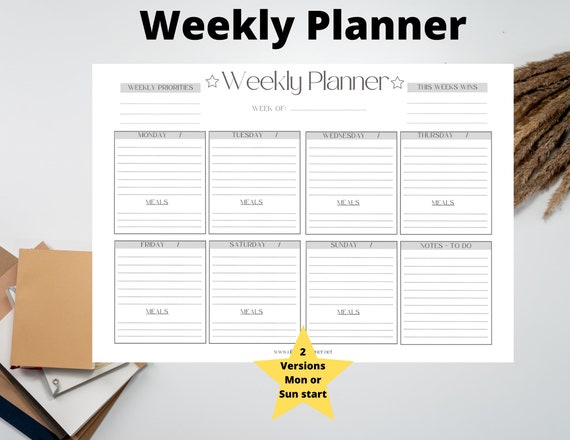 Weekly Planner Printable Template Sunday or Monday Start | Etsy