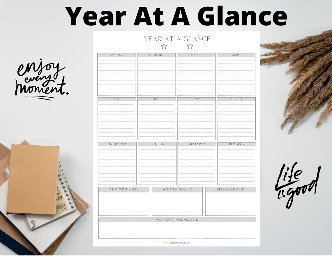 Year at a Glance, Year in Review, Digital, PDF, Printable, Annual ...